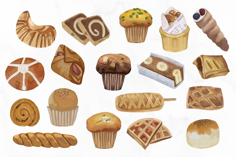 Watercolor Bread and Bakery Clipart, Cake, Cupcake, Breads, Donut ...