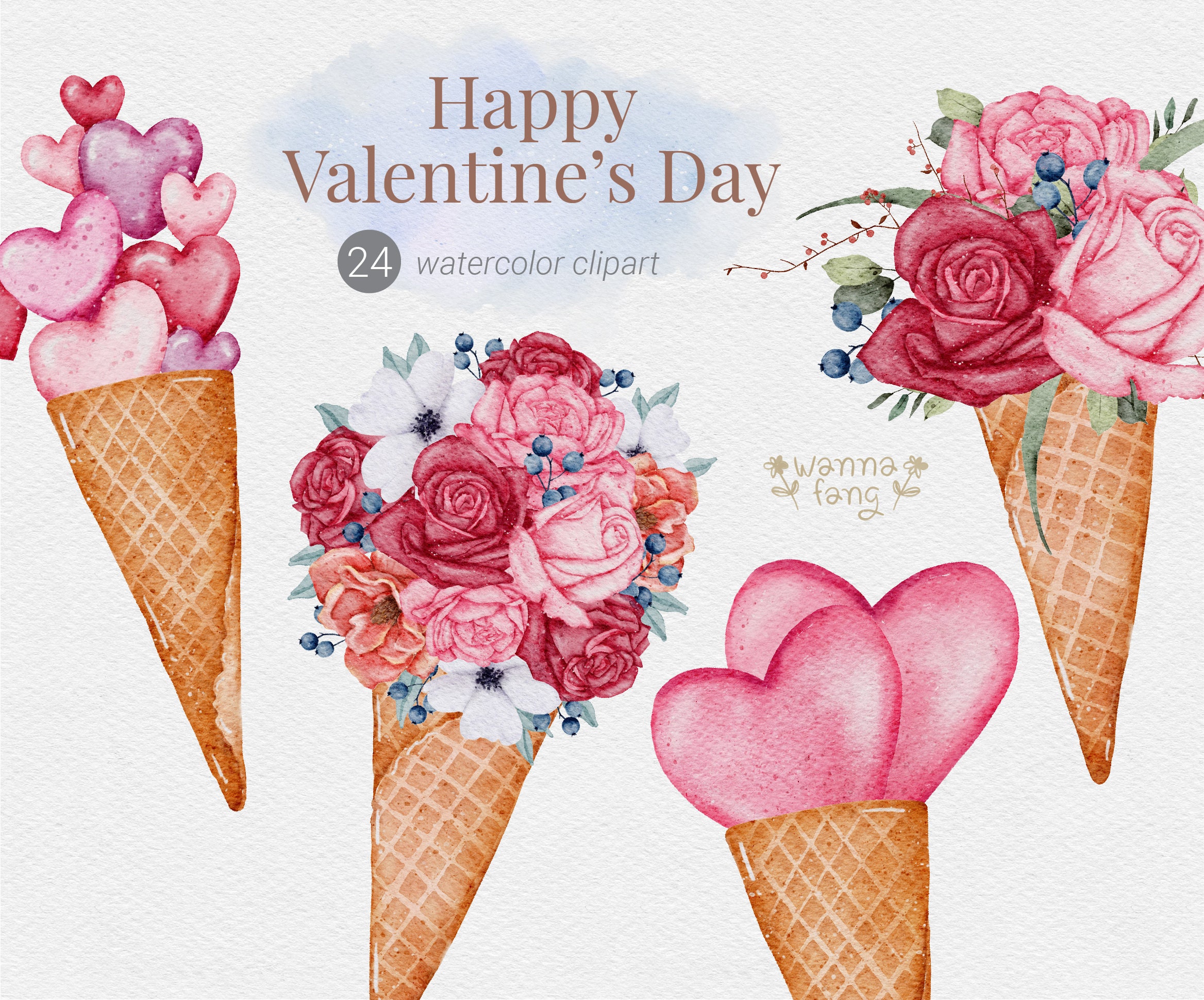 Valentine Waffle Cones Watercolor Clipart, Valentine's Day Element ...