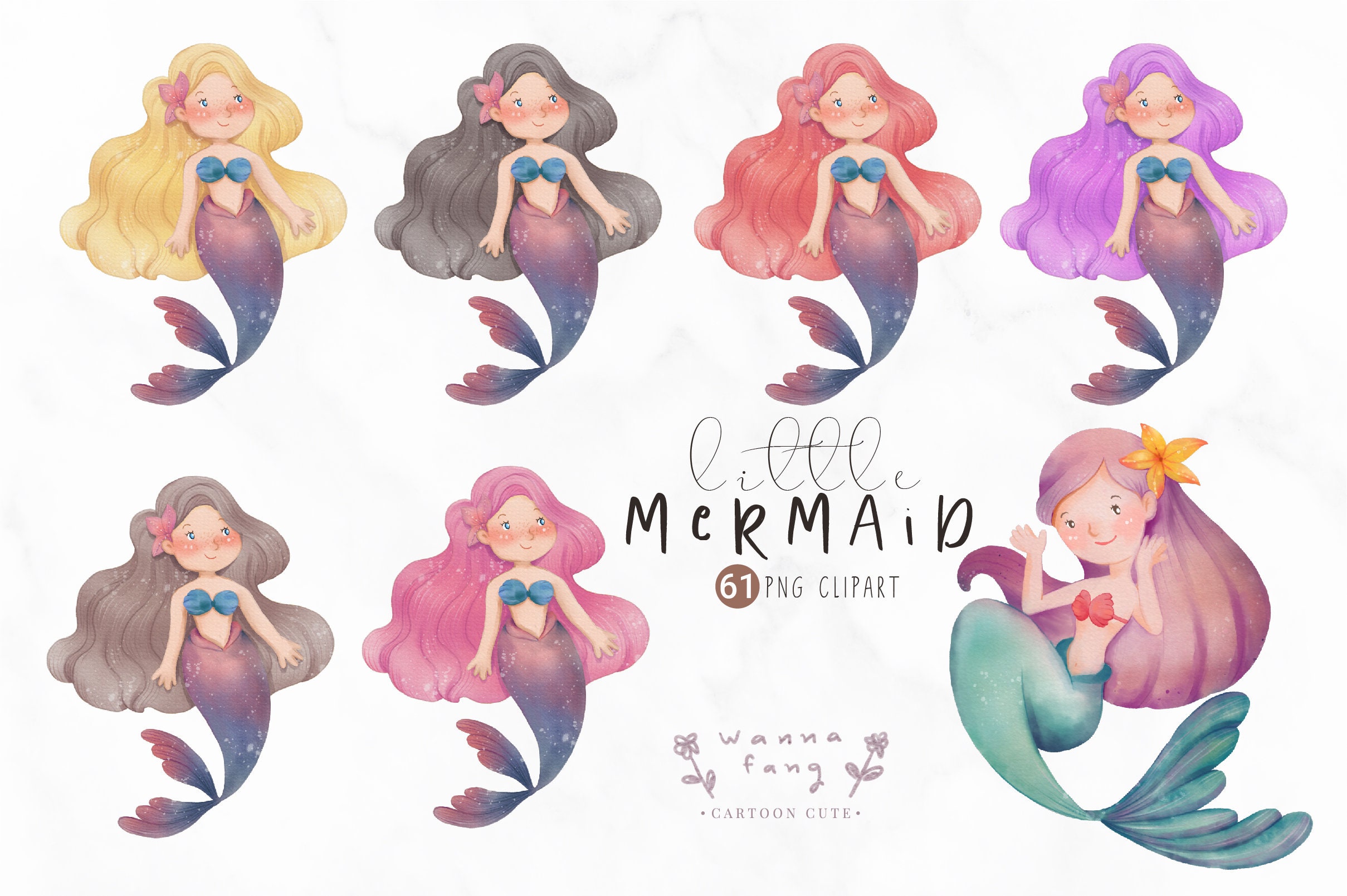 Watercolor Cute Mermaid Clipart, Little Mermaid, Girl, Fairy Tale ...