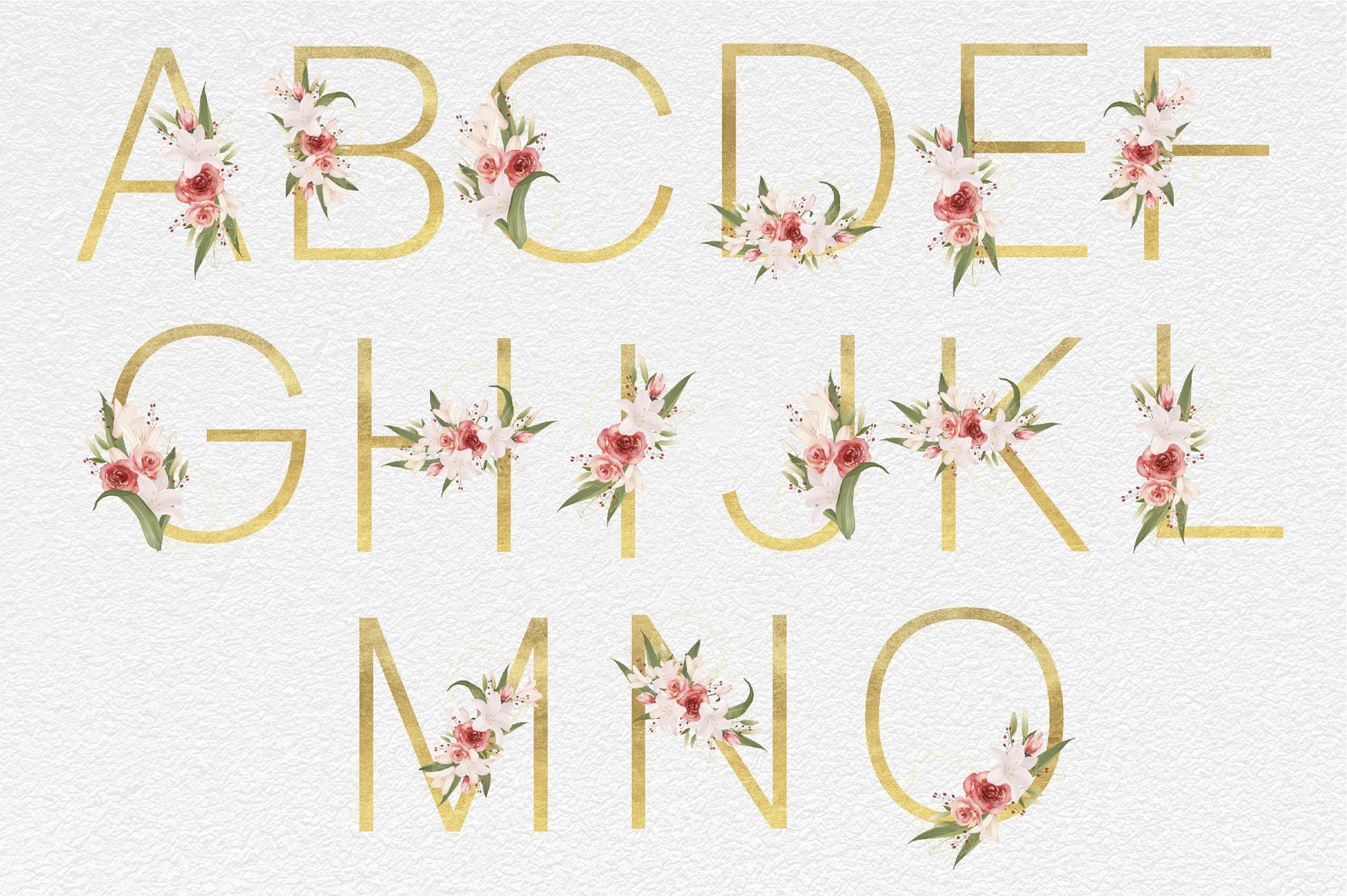 Gold Alphabet and Lilly Flower Clipart, Wedding Letter, Logo, Font ...