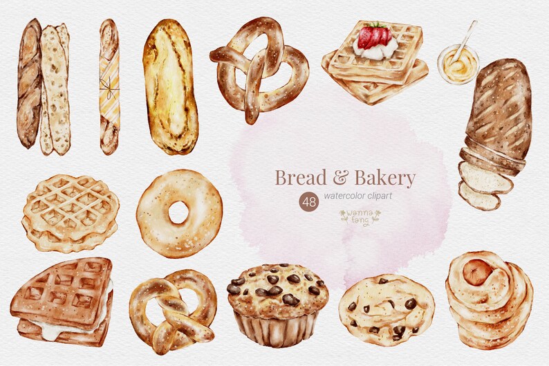 Bread and Bakery Watercolor Clipart, Bake, Donut, Cookie, Instant ...