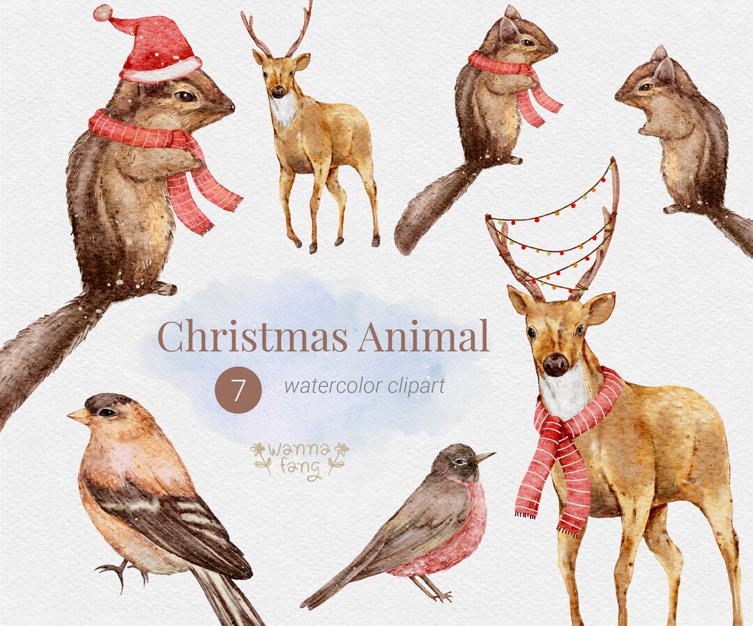 Christmas Animal Watercolor Clipart, Animal Clipart, Watercolor Clipart ...