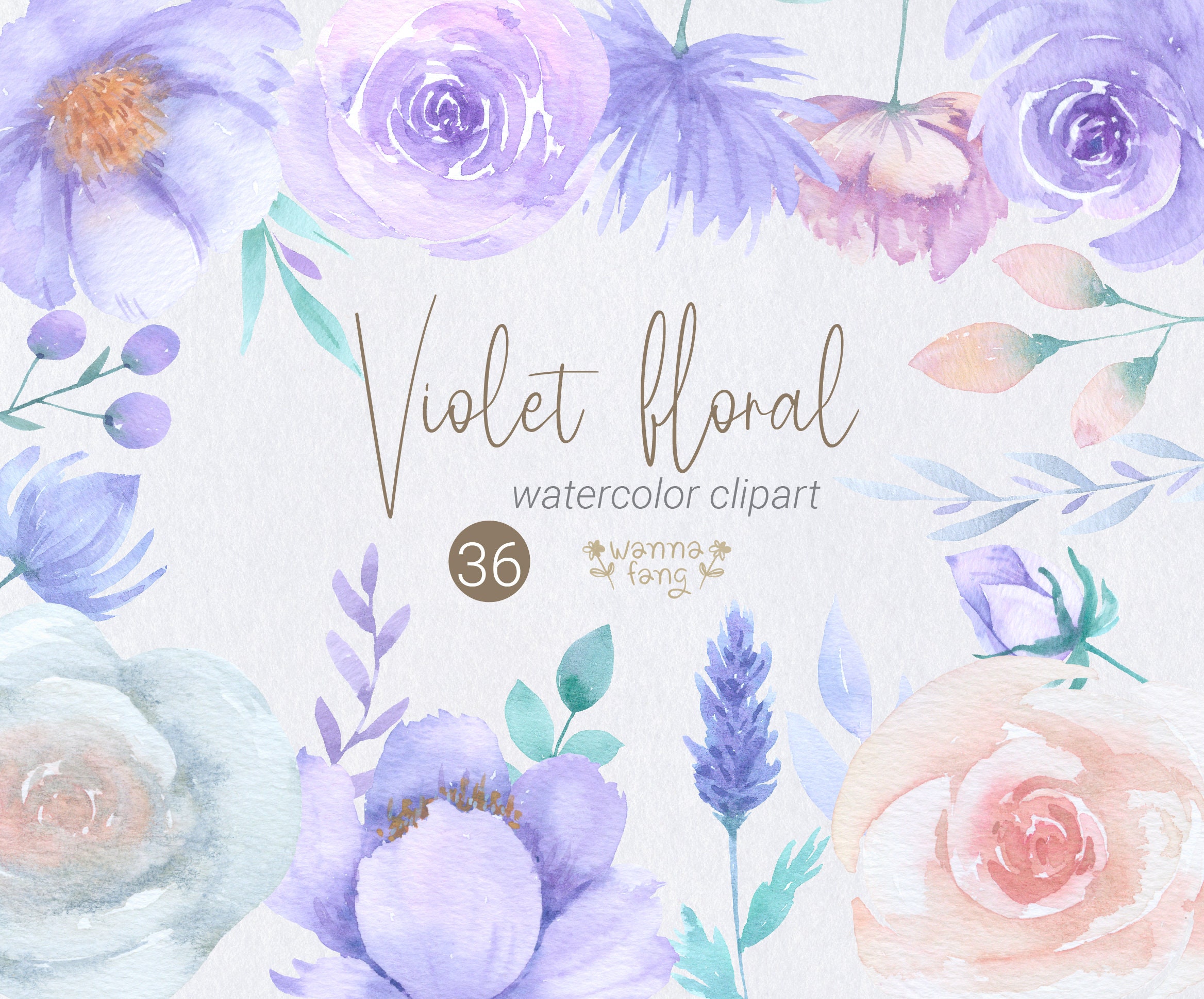 Watercolor Violet Floral Clip Art, Flowers Element Set, Floral Clipart ...