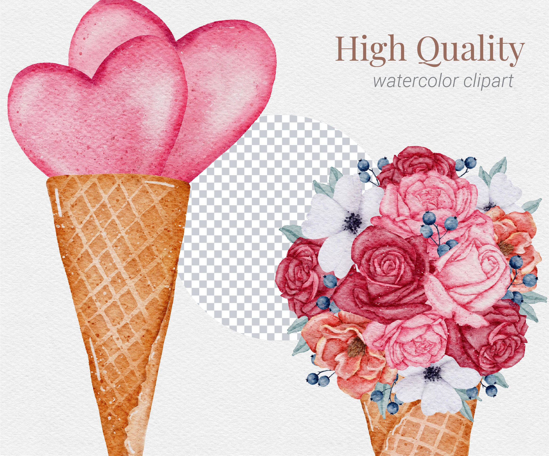 Valentine Waffle Cones Watercolor Clipart, Valentine's Day Element ...