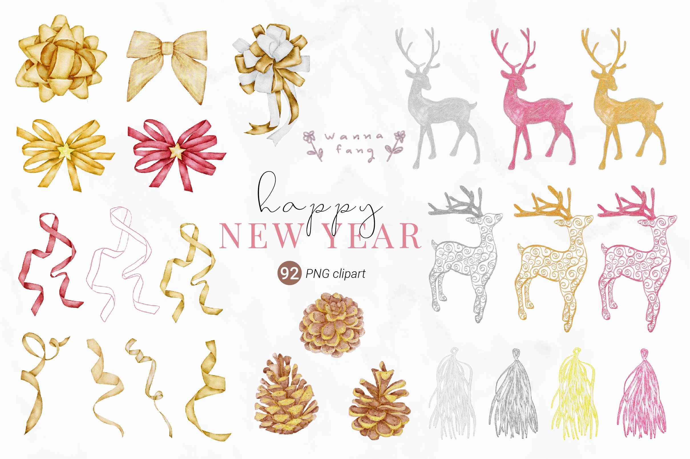 Watercolor Happy New Year Clipart: Christmas Ornaments (PNG, Instant ...