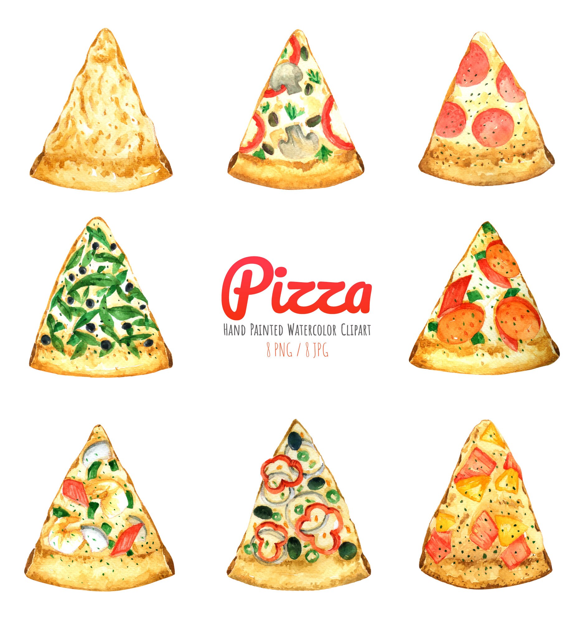 Watercolor Pizza Clipart Collection, Pizza Clip Art, 8 Hand Painted ...