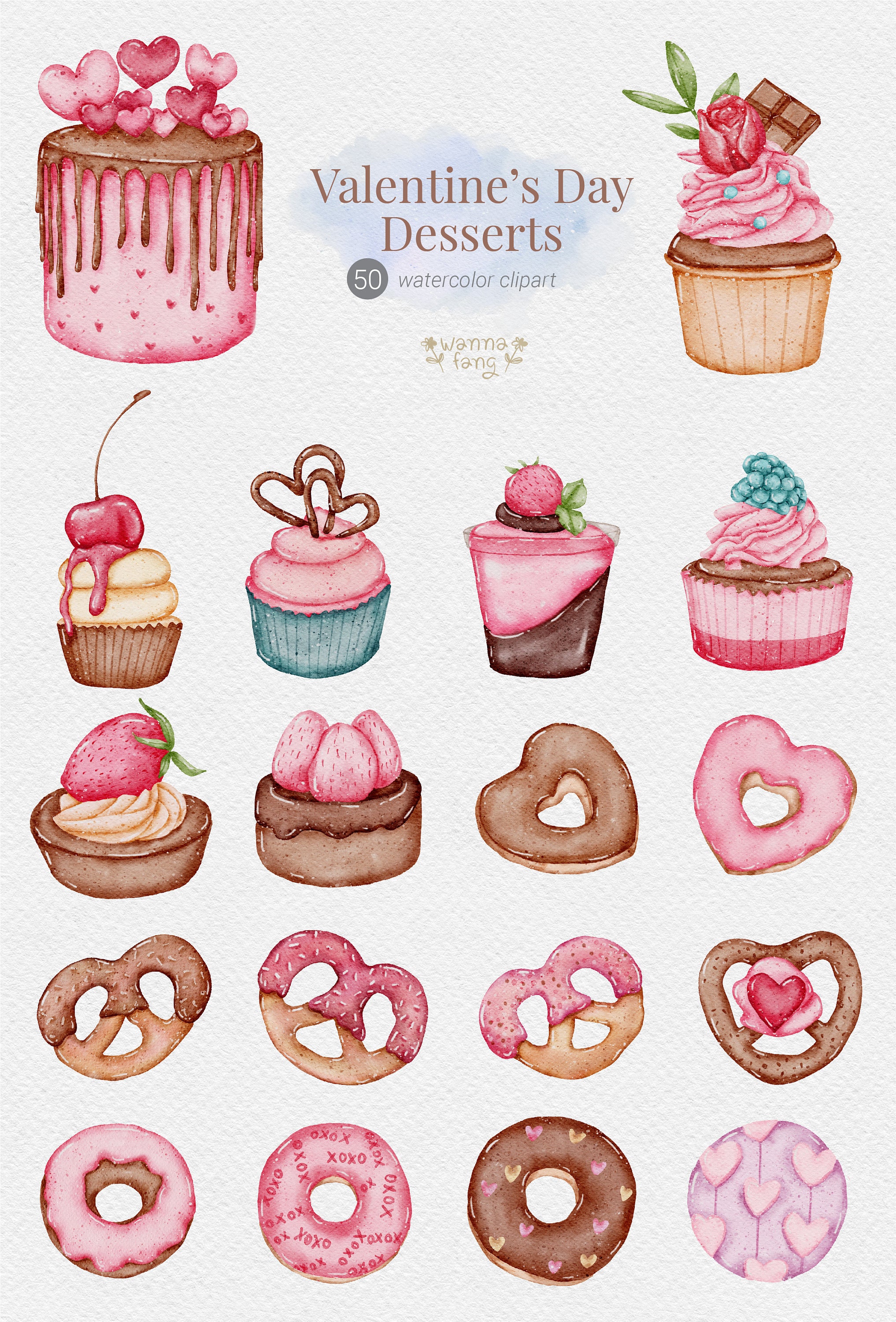 Valentine's Day Dessert Watercolor Clipart: 50 PNG Elements (digital ...