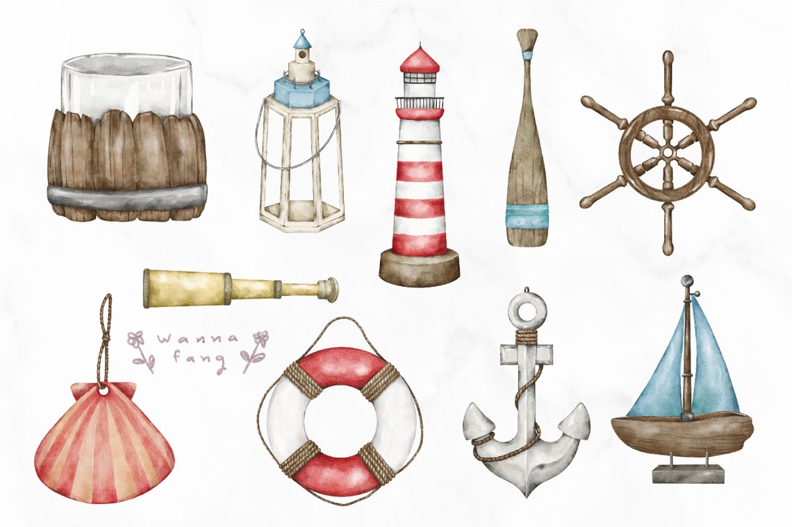 Watercolor Nautical Clipart, Nautical Decor, Marine Clipart, Summer ...