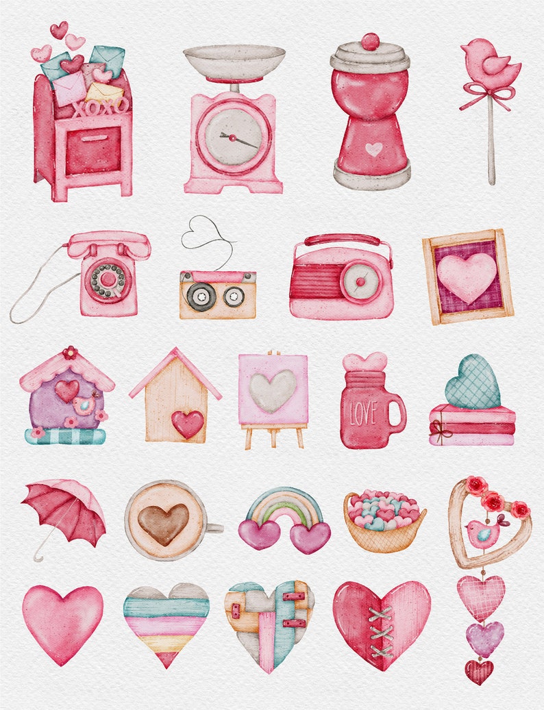 Big Set Valentine's Day Watercolor Clipart, Valentine's Day Element ...