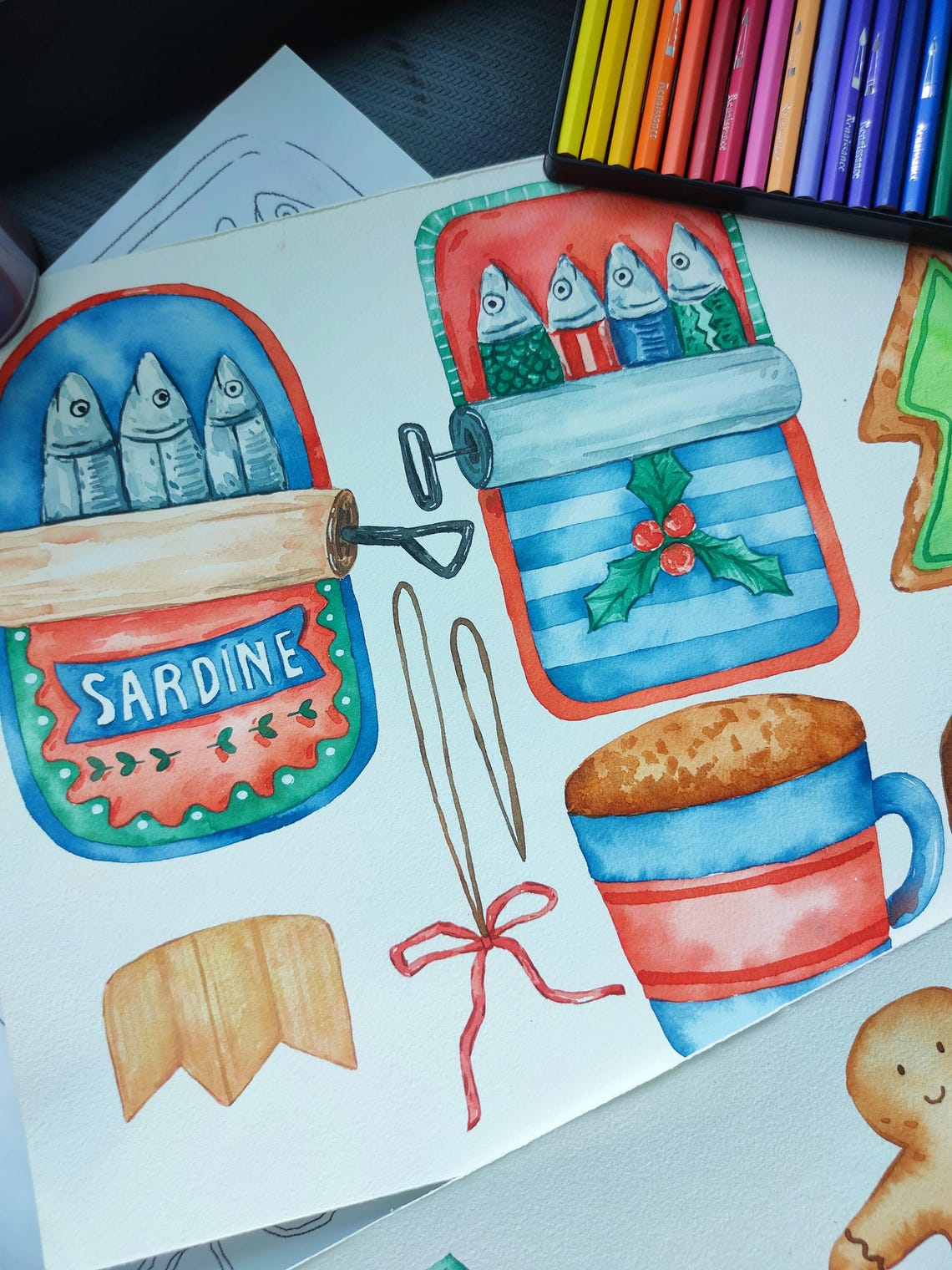 Watercolor Christmas Sardine Clipart – Hand-painted Holiday PNG Bundle ...