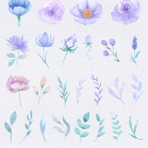 Watercolor Violet Floral Clip Art, Flowers Element Set, Floral Clipart ...