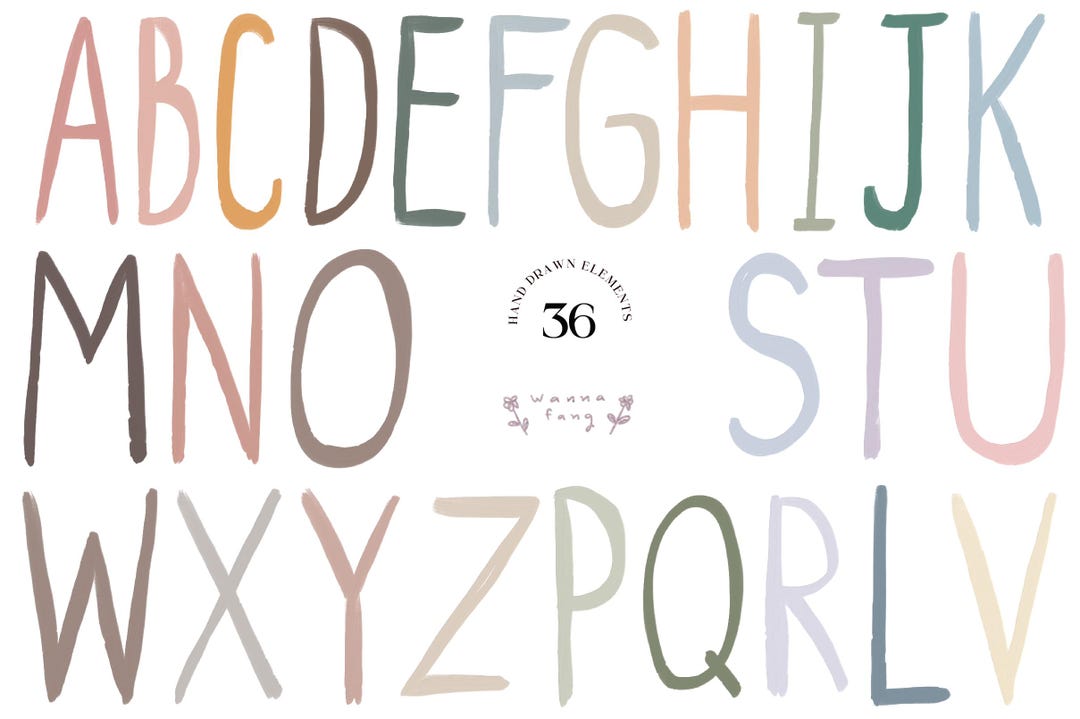 Hand Drawn Kids Alphabet Clipart: Boho Natural Letters (PNG Digital ...