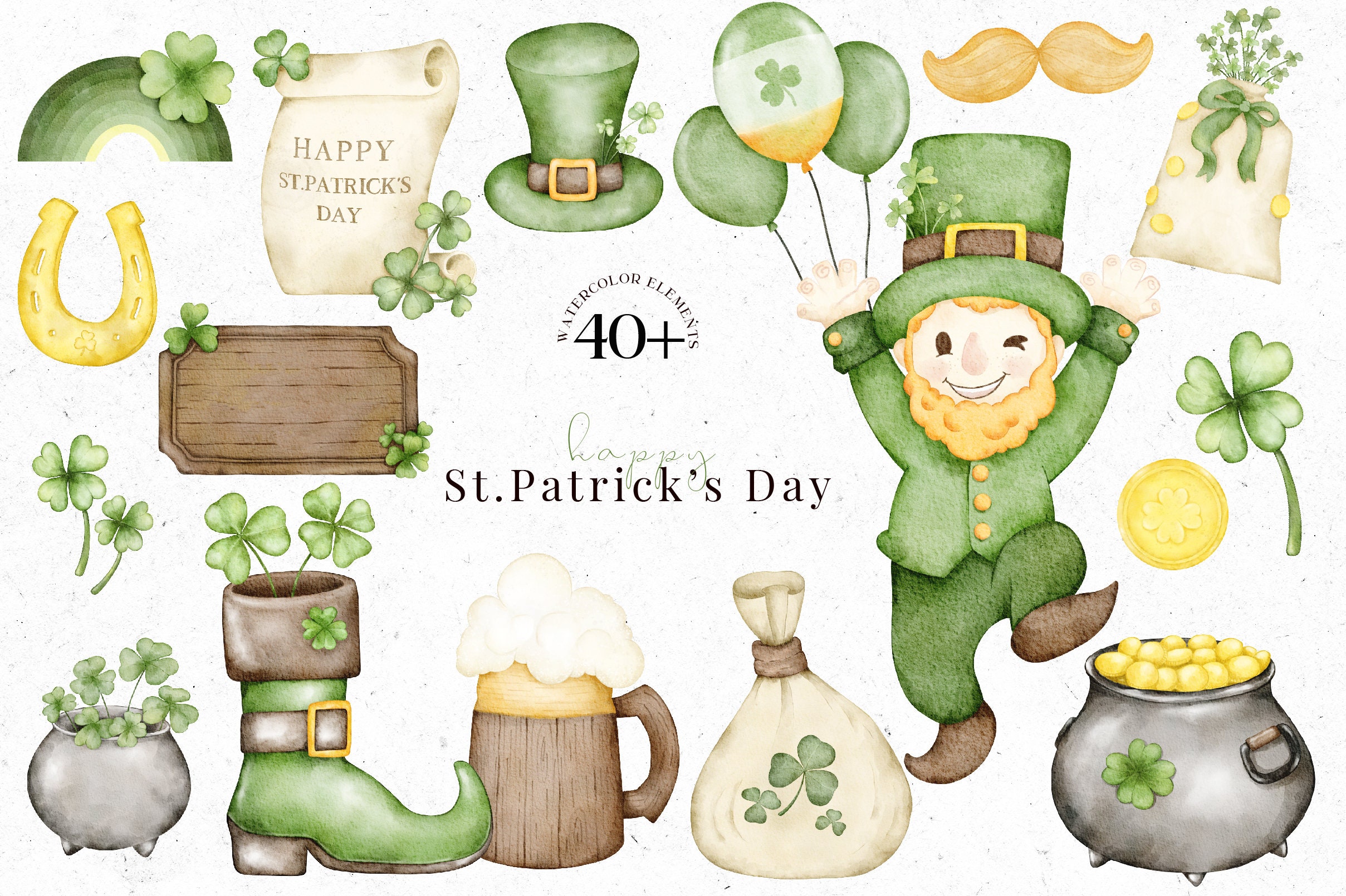 Saint Patrick Clipart Watercolor, Spring Clipart, Clover Clipart, Lucky ...