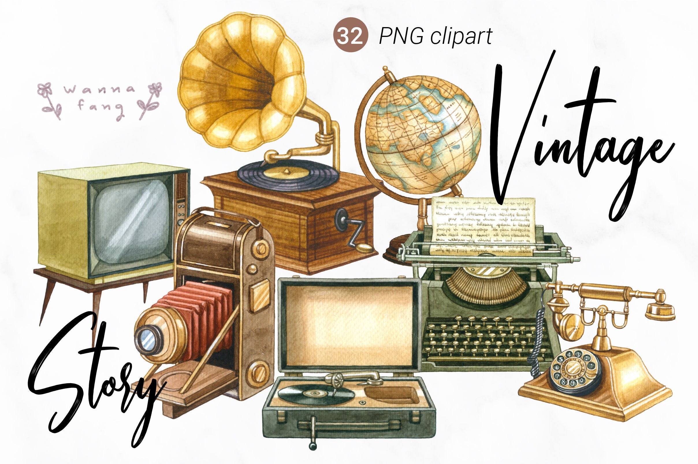 Watercolor Vintage Clipart, Vintage Elements, Vintage Items, Old Book ...
