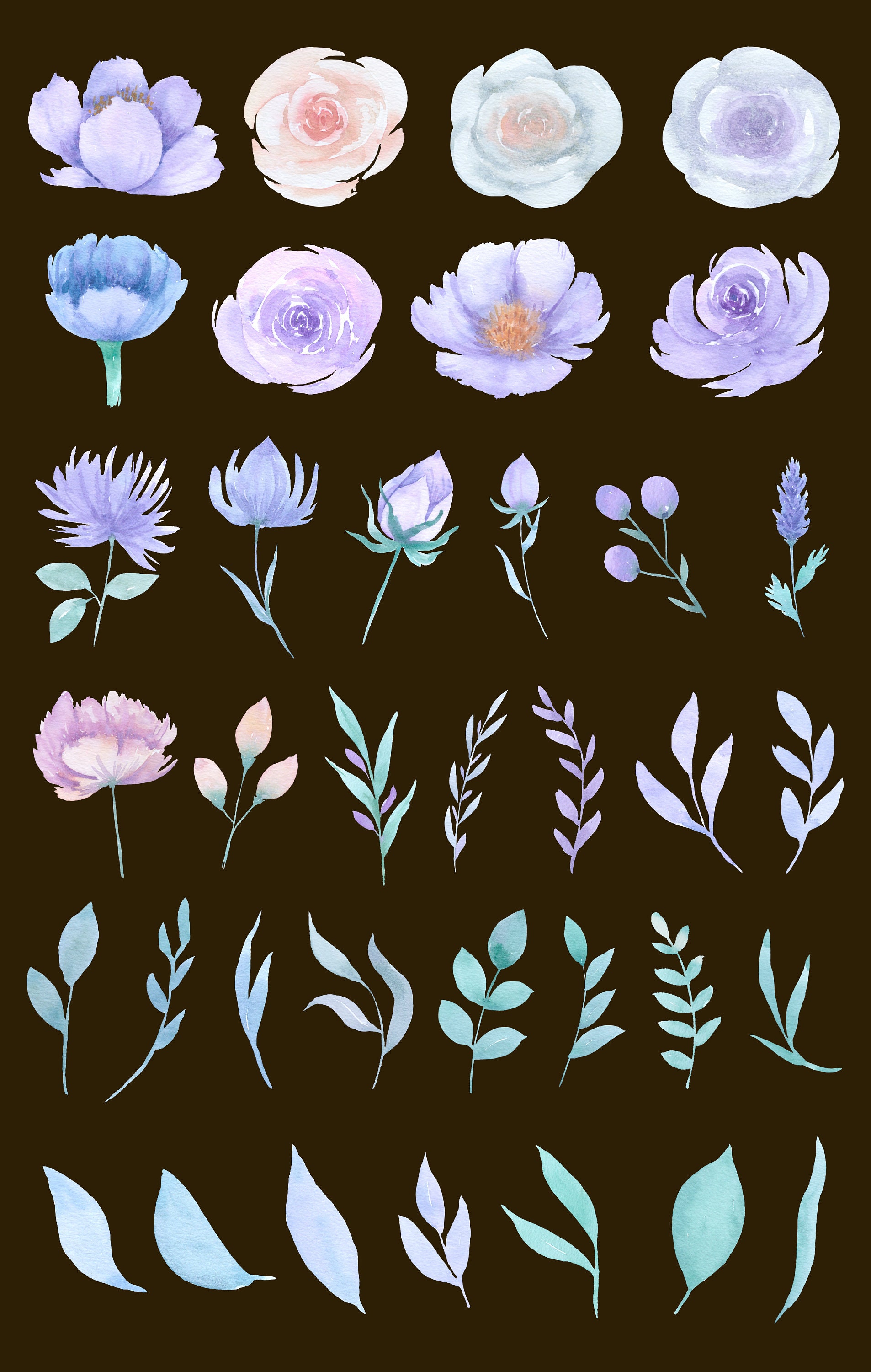 Watercolor Violet Floral Clip Art, Flowers Element Set, Floral Clipart ...