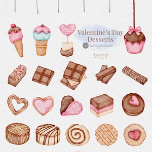 Valentine's Day Dessert Watercolor Clipart: 50 PNG Elements (digital ...
