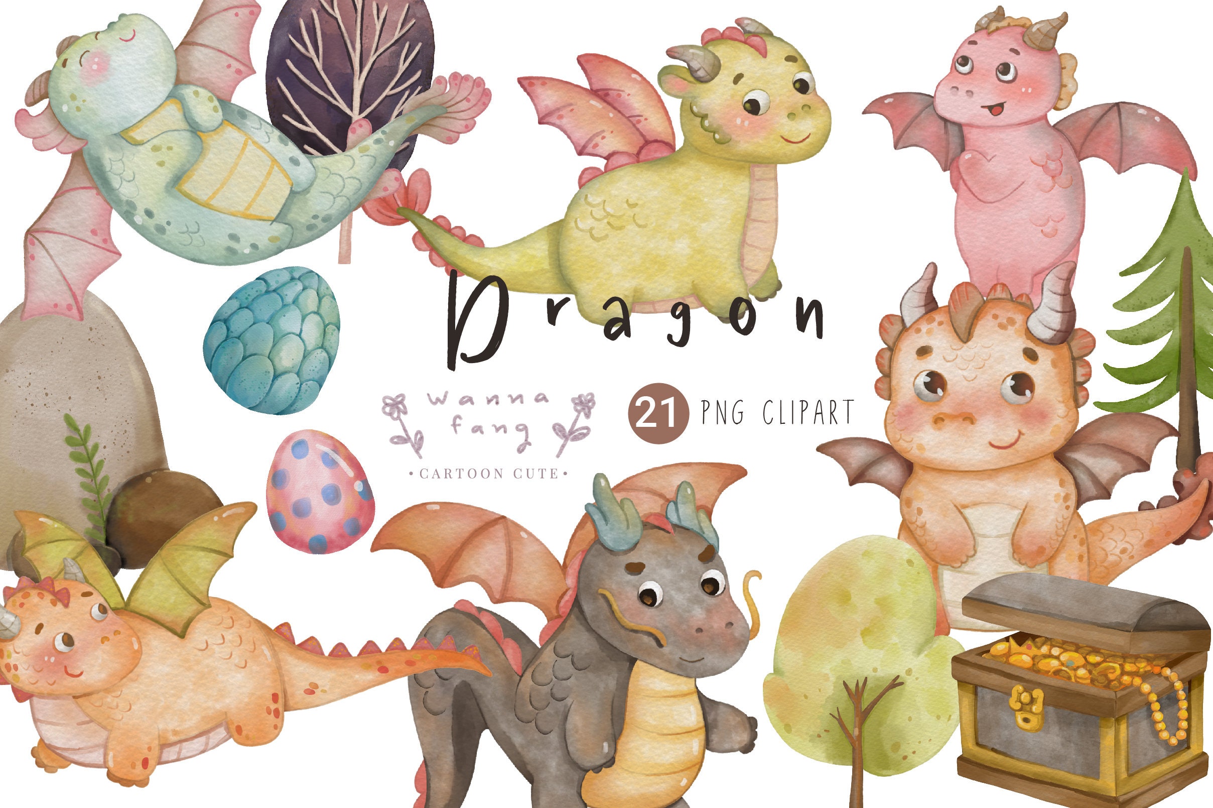 Dragons Watercolor Clipart, Cartoon Cute, Baby Animal, Nursery, Baby ...