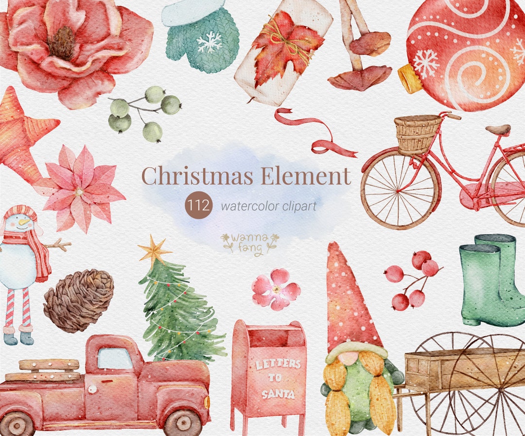 Christmas Watercolor Clipart Bundle, Christmas Element Clipart ...