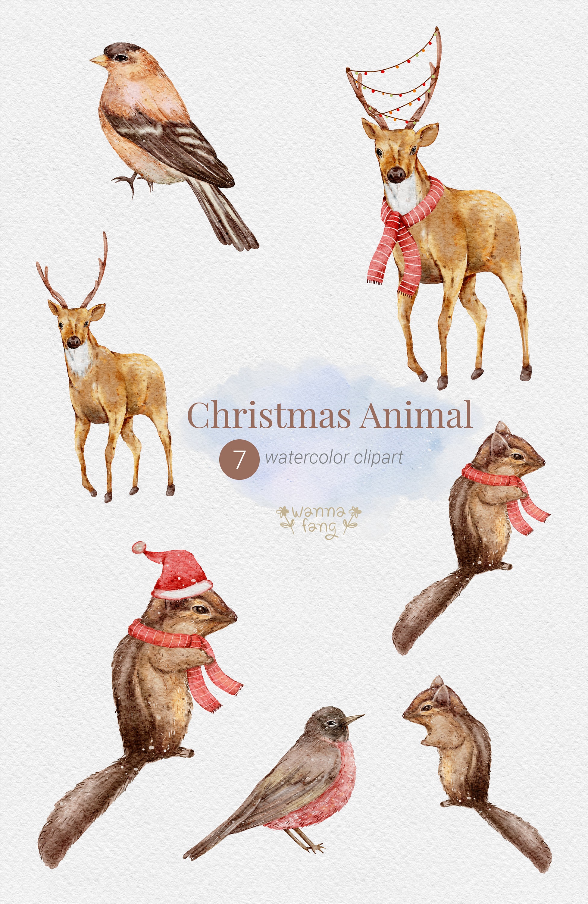Christmas Animal Watercolor Clipart, Animal Clipart, Watercolor Clipart ...