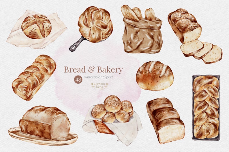 Bread and Bakery Watercolor Clipart, Bake, Donut, Cookie, Instant ...