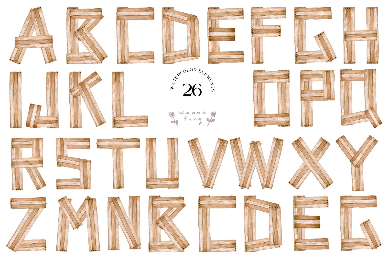Watercolor Wooden Font Clipart, Brown Wood Font, Brown Font, Wedding ...