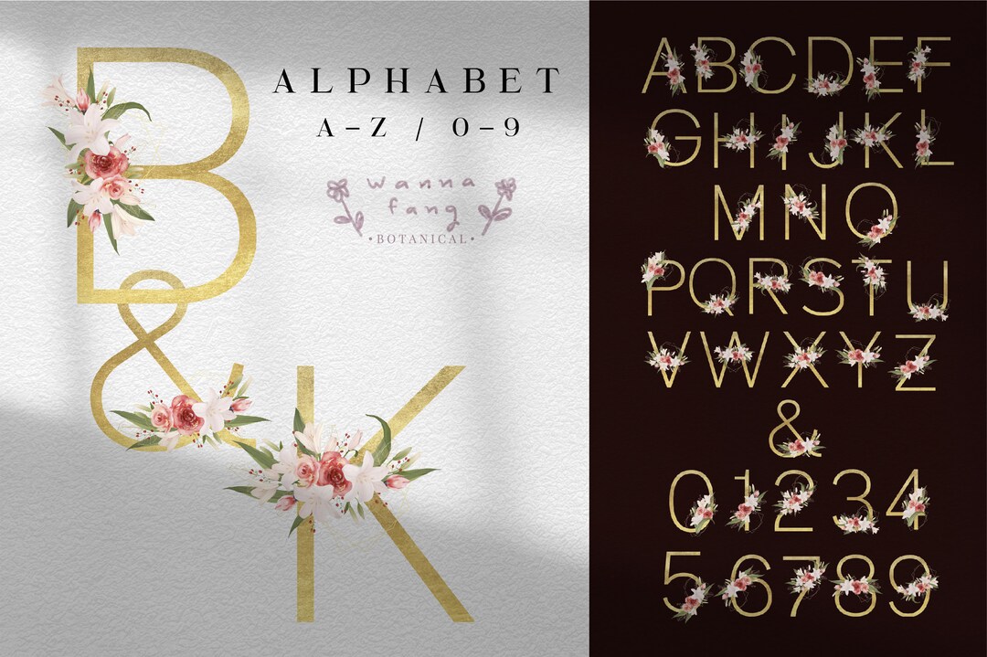 Gold Alphabet and Lilly Flower Clipart, Wedding Letter, Logo, Font ...