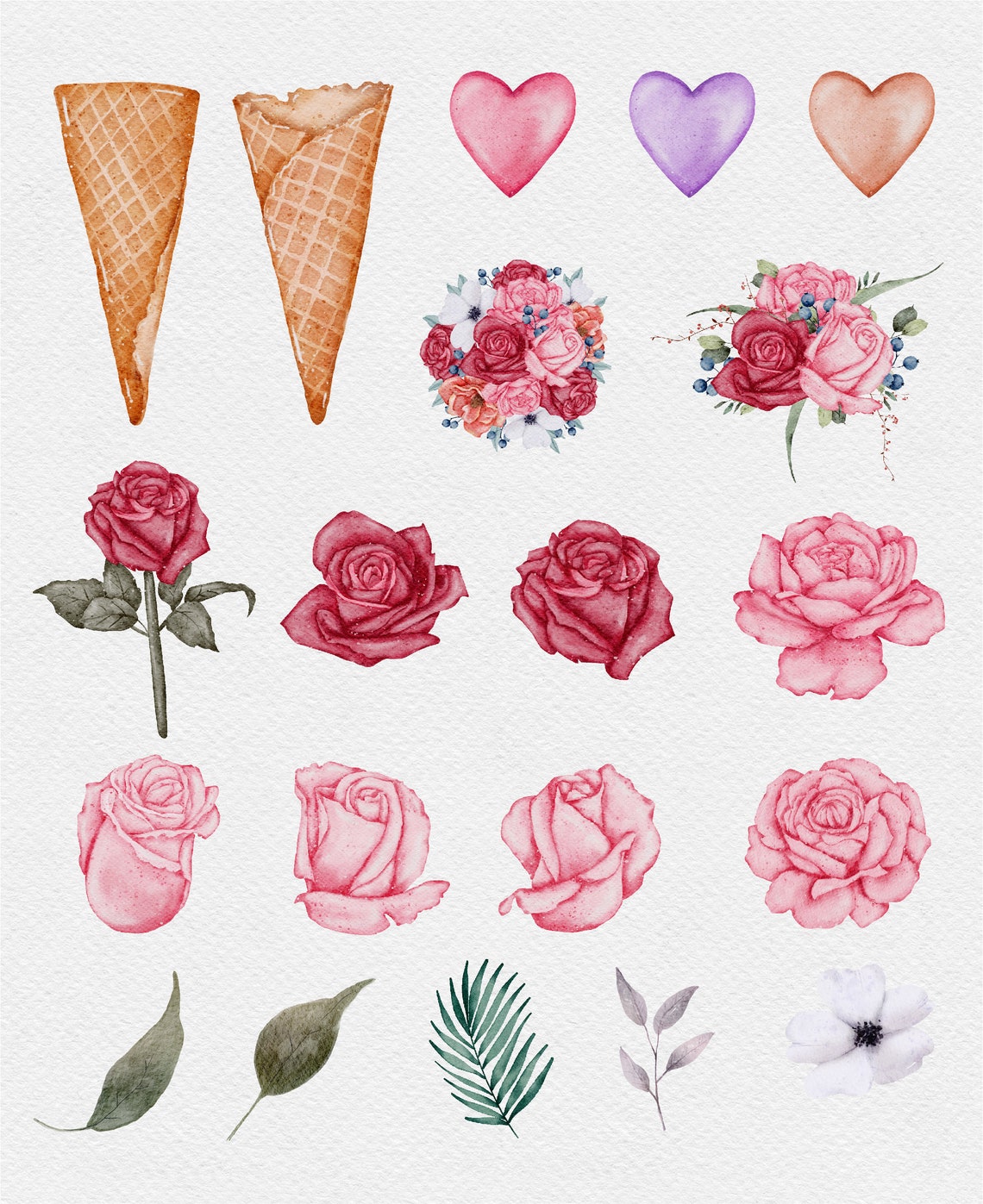 Valentine Waffle Cones Watercolor Clipart, Valentine's Day Element ...