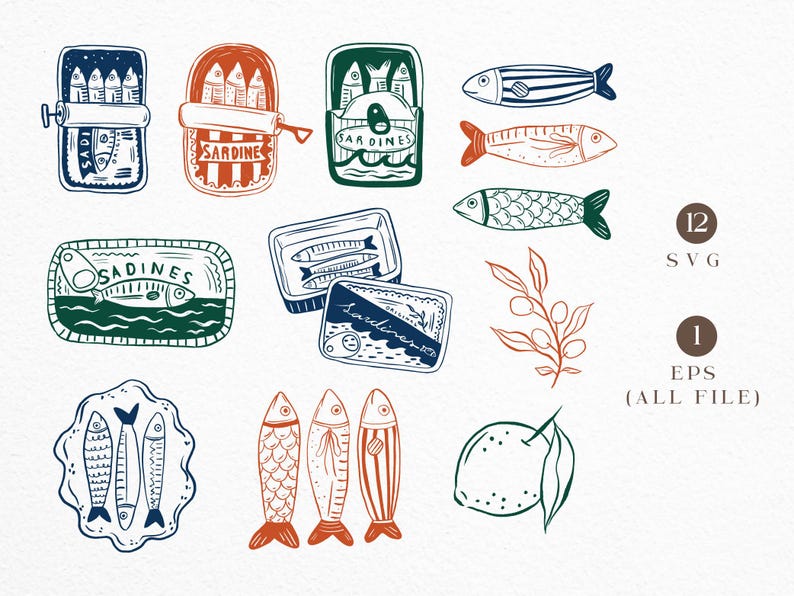 Vintage Sardines Line Art Clipart Bundle: Hand-drawn Fish SVG PNG ...