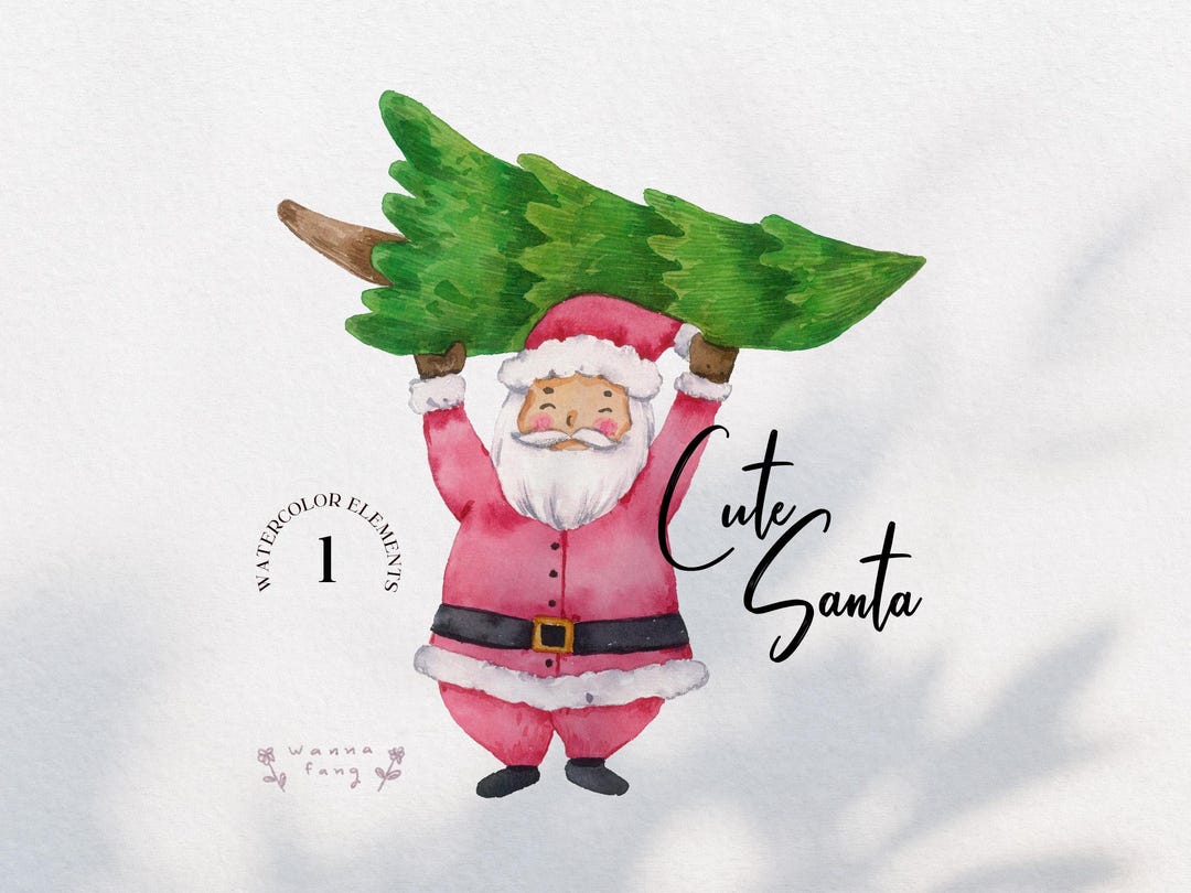 Watercolor Santa Clipart | Cute Christmas Santa With Tree (PNG, Instant ...