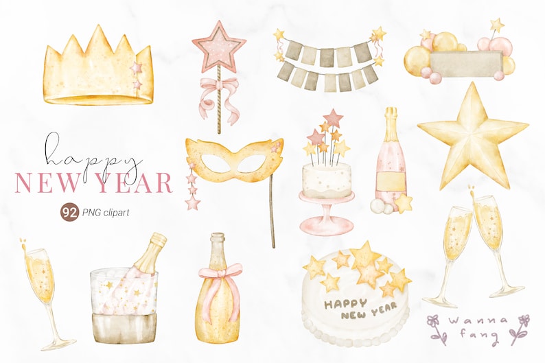 Watercolor Happy New Year Clipart: Christmas Ornaments (PNG, Instant ...