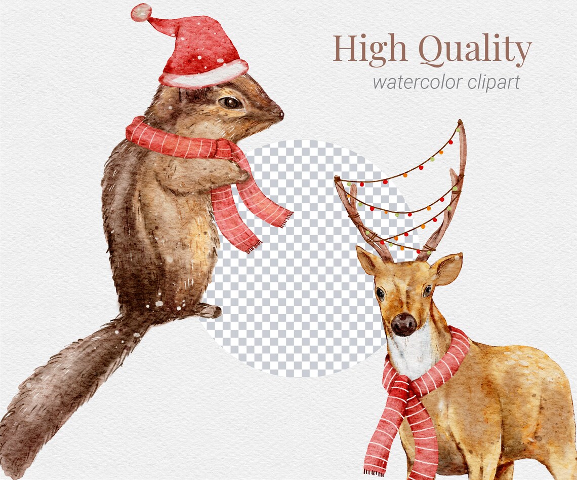 Christmas Animal Watercolor Clipart Animal Clipart - Etsy