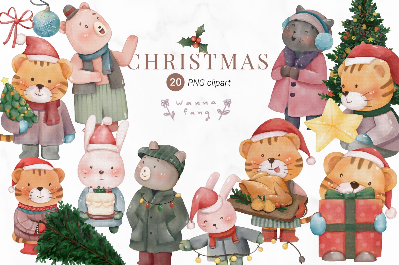 Christmas Watercolor Animals Clipart Set Cartoon Characters - Etsy
