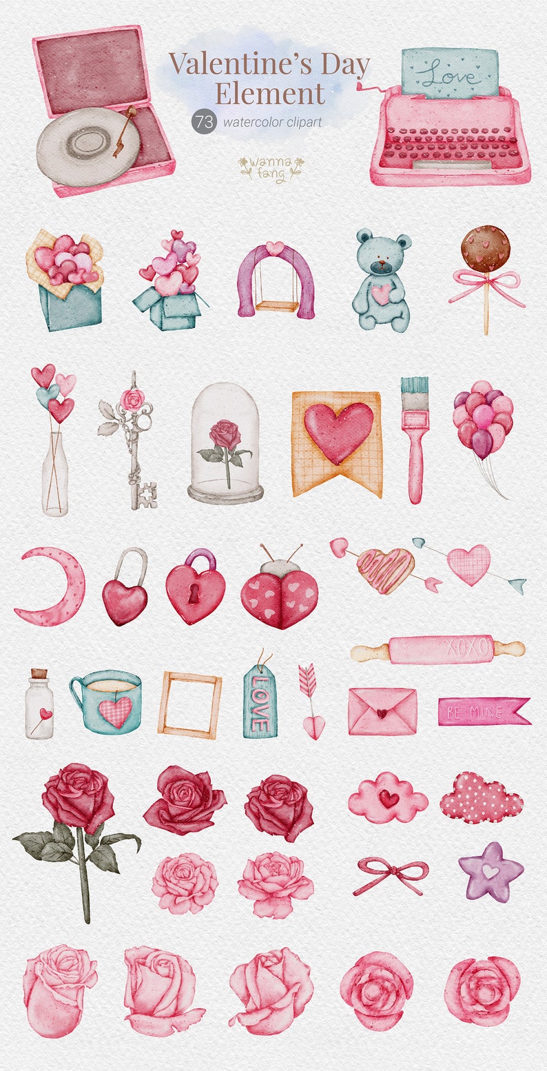 Big Set Valentine's Day Watercolor Clipart, Valentine's Day Element ...
