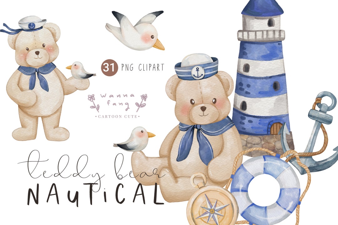 Nautical Teddy Bear Clipart: Sailor Animals, Baby Boy Nursery (PNG ...