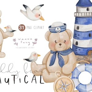 Nautical Teddy Bear Clipart: Sailor Animals, Baby Boy Nursery (PNG ...