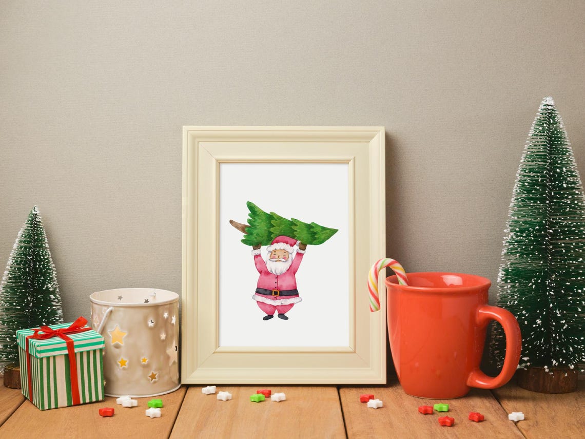 Watercolor Santa Clipart | Cute Christmas Santa With Tree (PNG, Instant ...