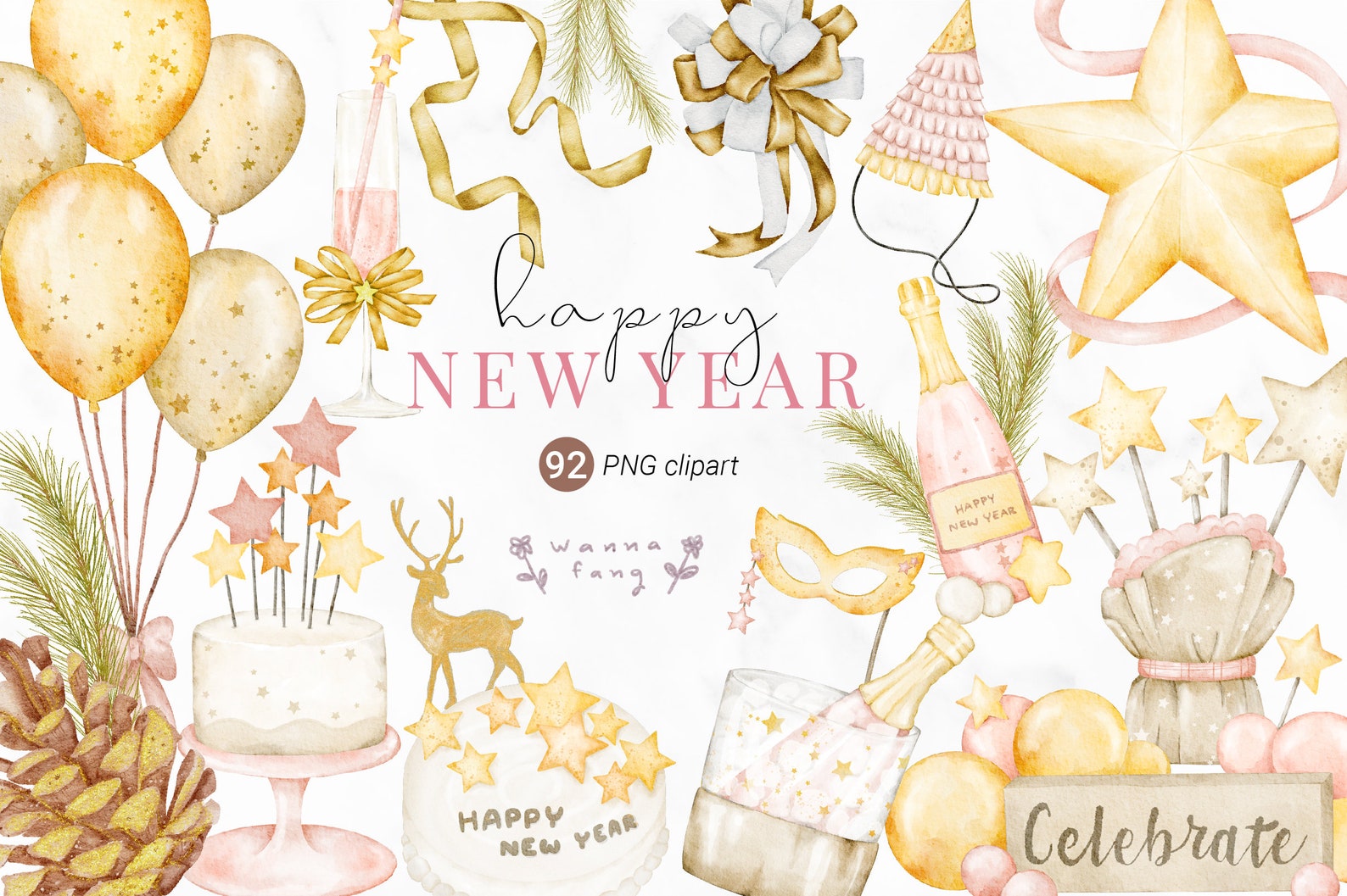 Watercolor Happy New Year Clipart: Christmas Ornaments (PNG, Instant ...