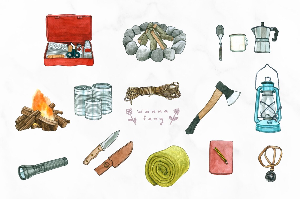 Watercolor Camping Clipart, Travel Clipart, Adventure, Camp Fire ...