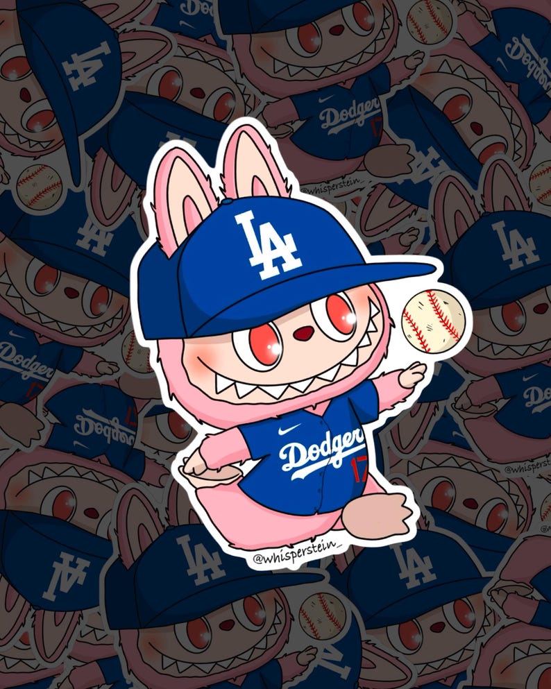 Labubu Dodgers Playing Ball Sticker - Cute Baseball Bunny Vinyl Sticker ...