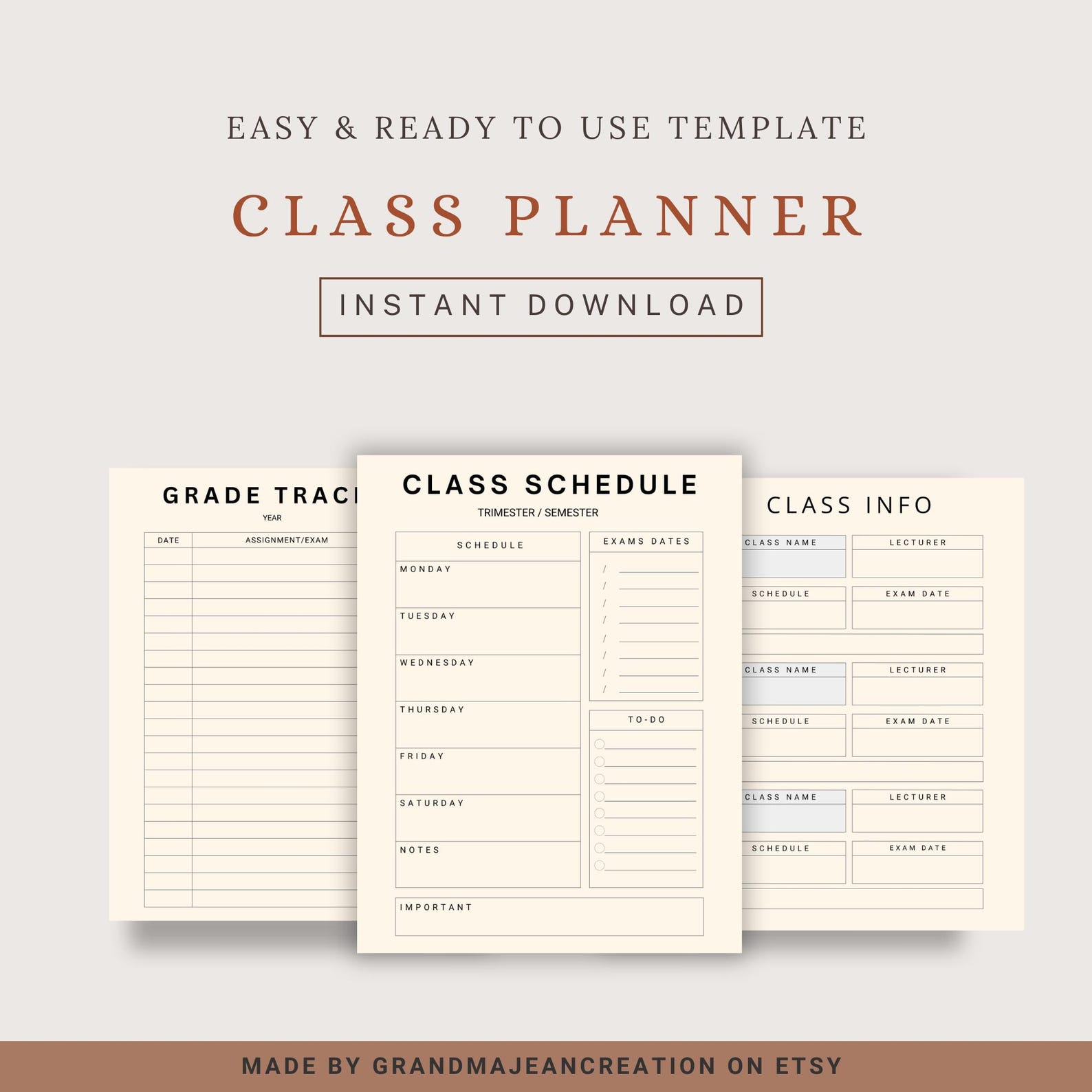 Class Planner Template Detailed Class Schedule Organizer Grade Tracker ...