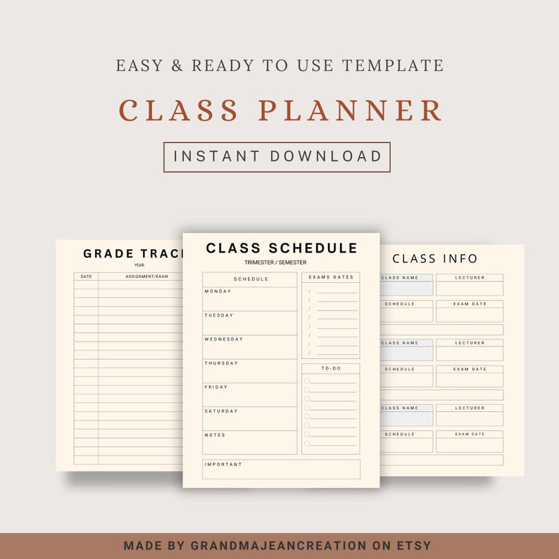 Class Planner Template Detailed Class Schedule Organizer Grade Tracker ...