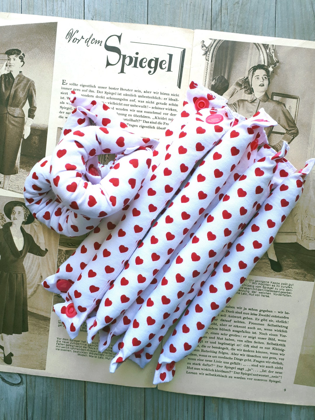 Set of 12 Sleep Curlers With Snap Fastener Heart Pattern Heart Red ...