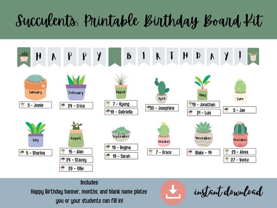 Succulents Classroom Display Birthday Bulletin Board Kit - Etsy