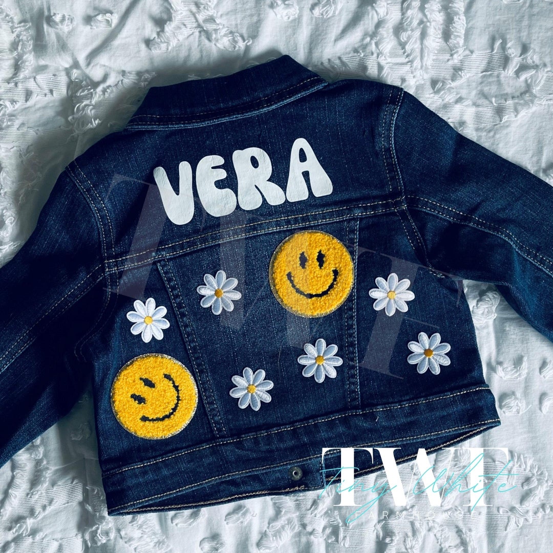 Daisy Flower Smiley Face Custom Demin Jean Jacket Personalized Baby ...