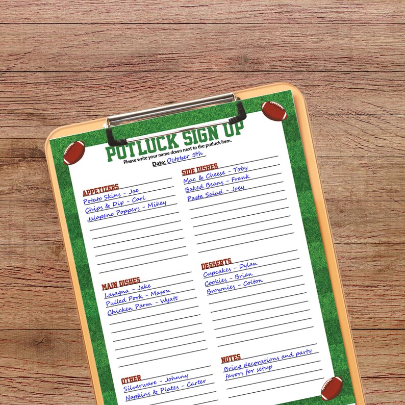 Football Potluck Sign Up, Potluck Party Printable, Football Team Party ...