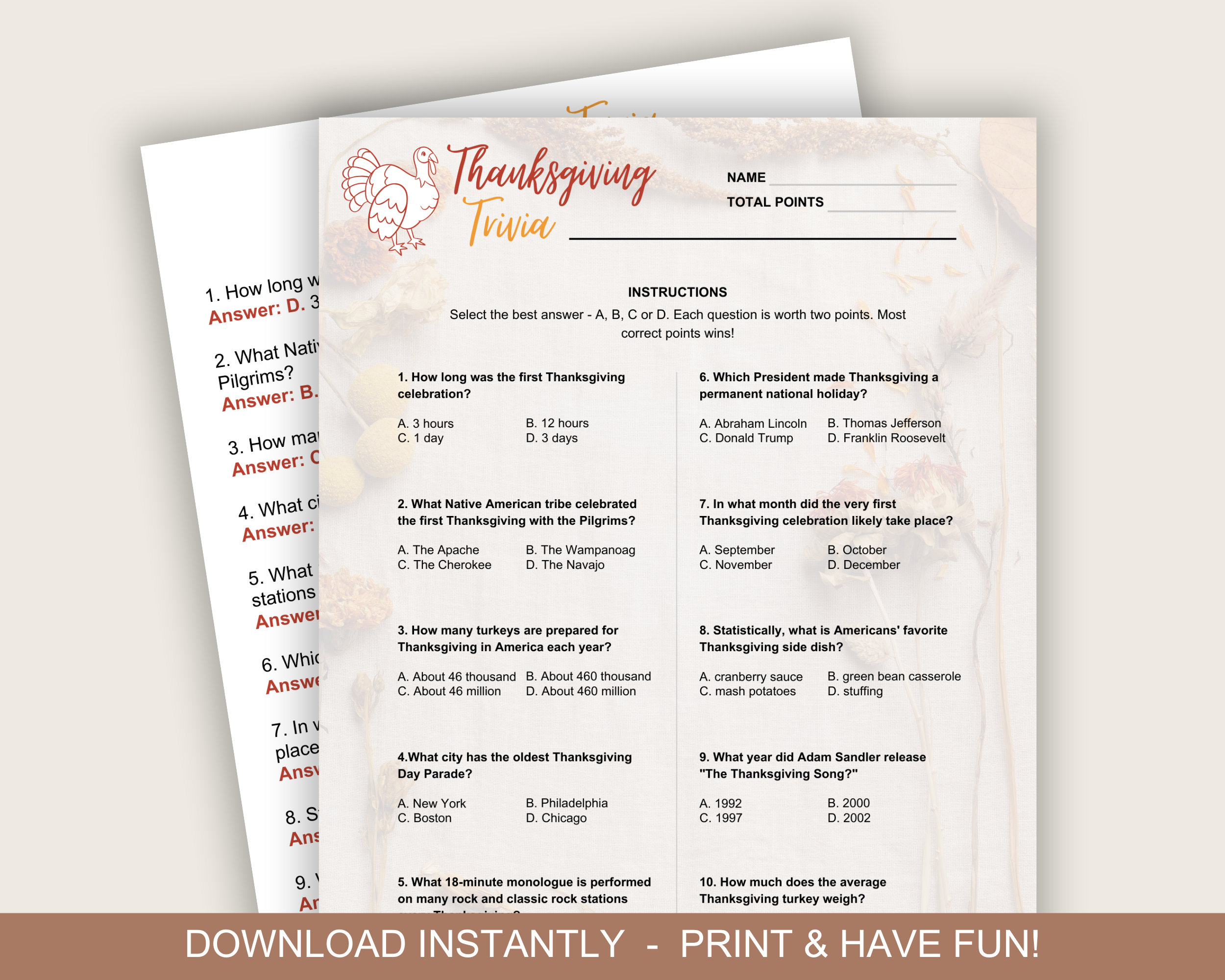 Thanksgiving Multiple Choice Trivia Game With Answer Key - Etsy