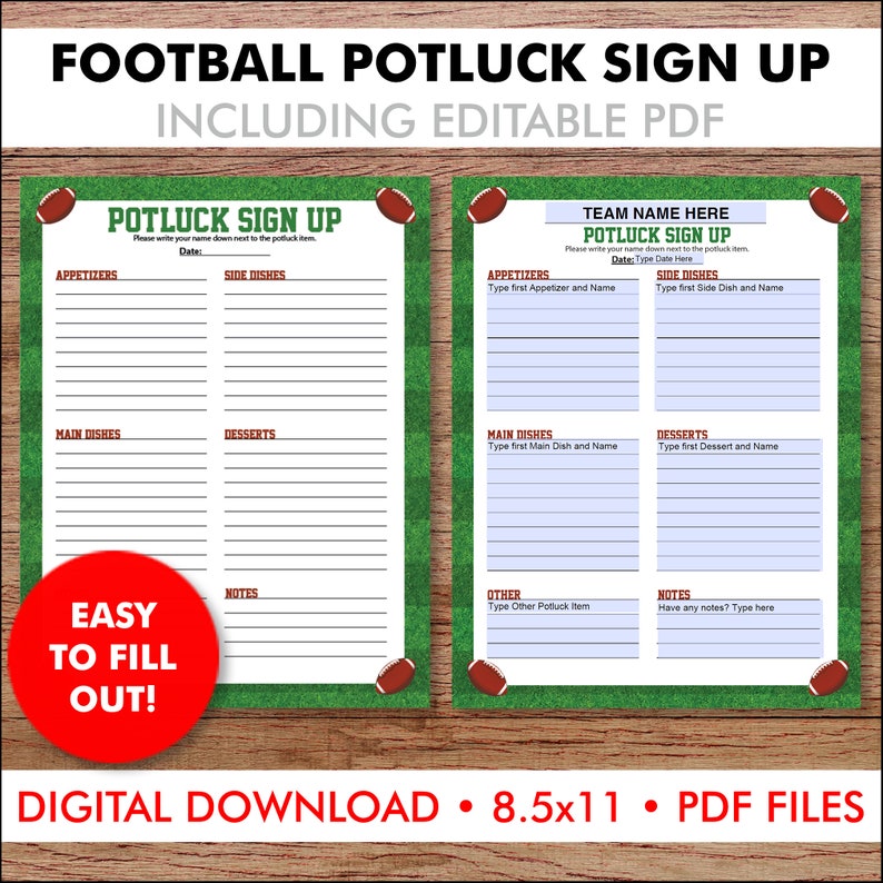 Football Potluck Sign Up, Potluck Party Printable, Football Team Party ...