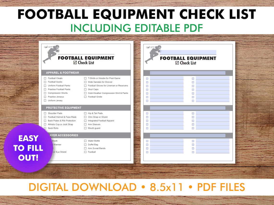 Football Equipment Check List, Customizable and Printable PDF, Add Your ...