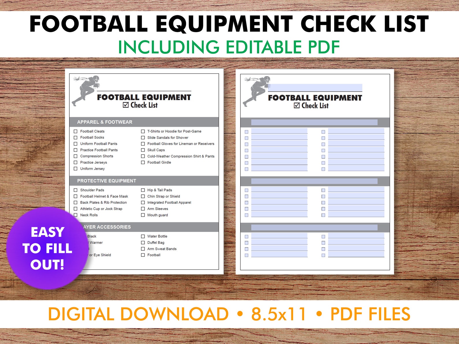 Football Equipment Check List, Customizable and Printable PDF, Add Your ...