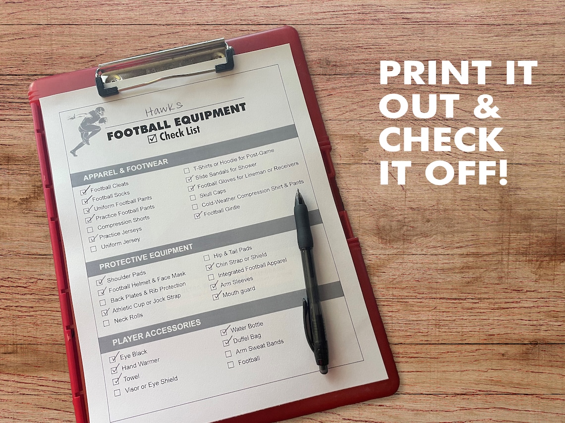 Football Equipment Check List, Customizable and Printable PDF, Add Your ...